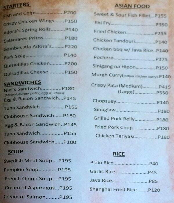 Menu at Adora's restaurant, Mandaue City