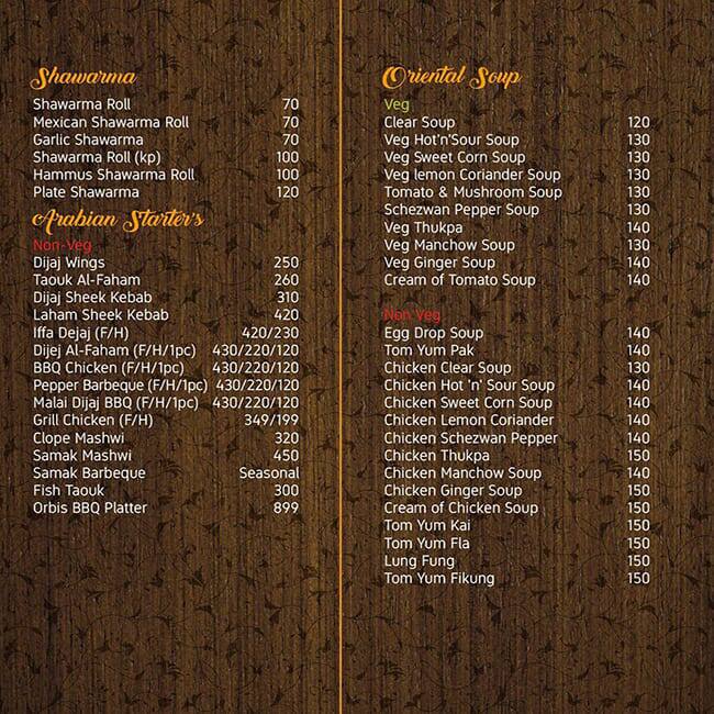 Menu of Orbis Restaurant, ITPL Main Road, Whitefield, Bangalore