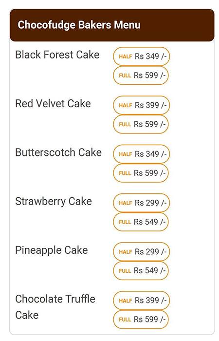 Menu of Choco Fudge Bakers, Sector 20, Panchkula