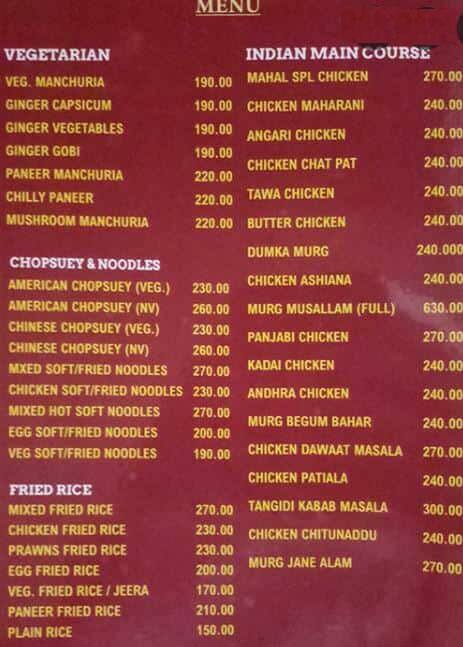 Menu of Biryani's Mahal, Kukatpally, Hyderabad