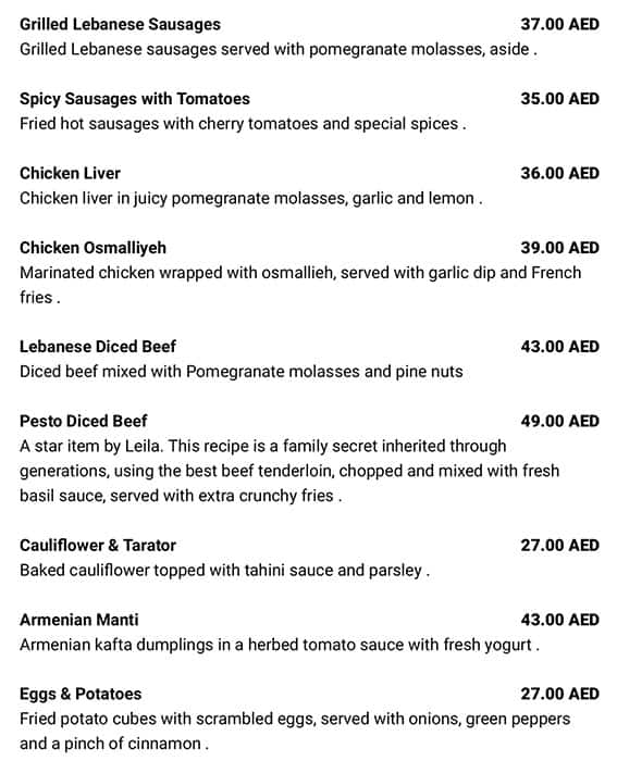 Menu at Leila Restaurant, Dubai, Clarens Tower 2 - 17 Sheikh Mohammed ...