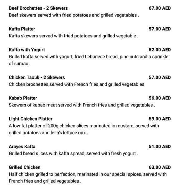 Menu at Leila Restaurant, Dubai, Clarens Tower 2 - 17 Sheikh Mohammed ...