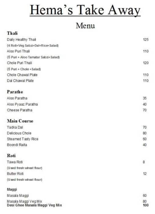 Menu of Hema's Take Away, Sector 62, Noida