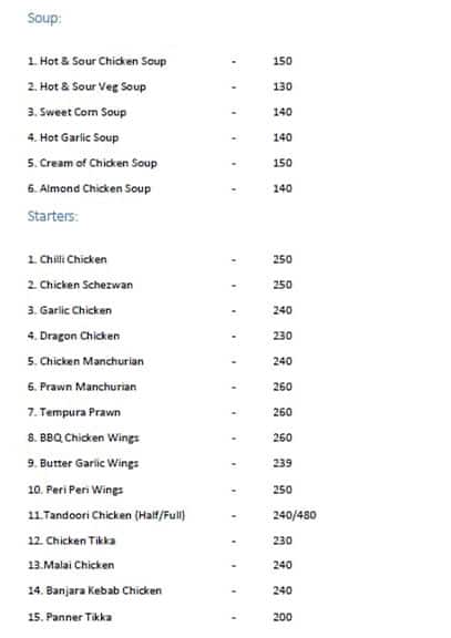 Menu of The Sky View, Ambattur, Chennai