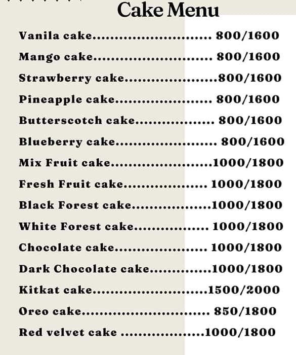 Menu of Sahni's Bakeology, Abchal Nagar, Patiala