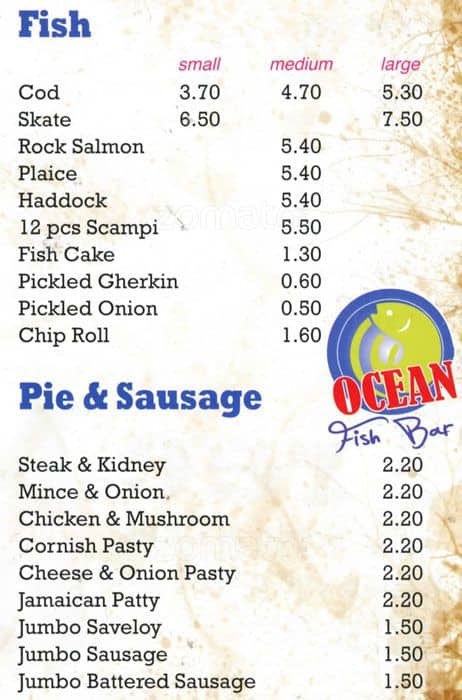Menu at Ocean Fish Bar, London, 762 Lea Bridge Rd