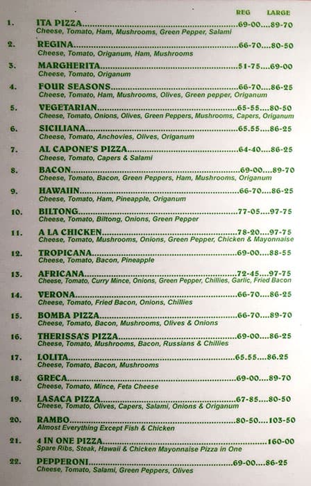 Menu at Christo's Pizza, Johannesburg South, Cache Centre