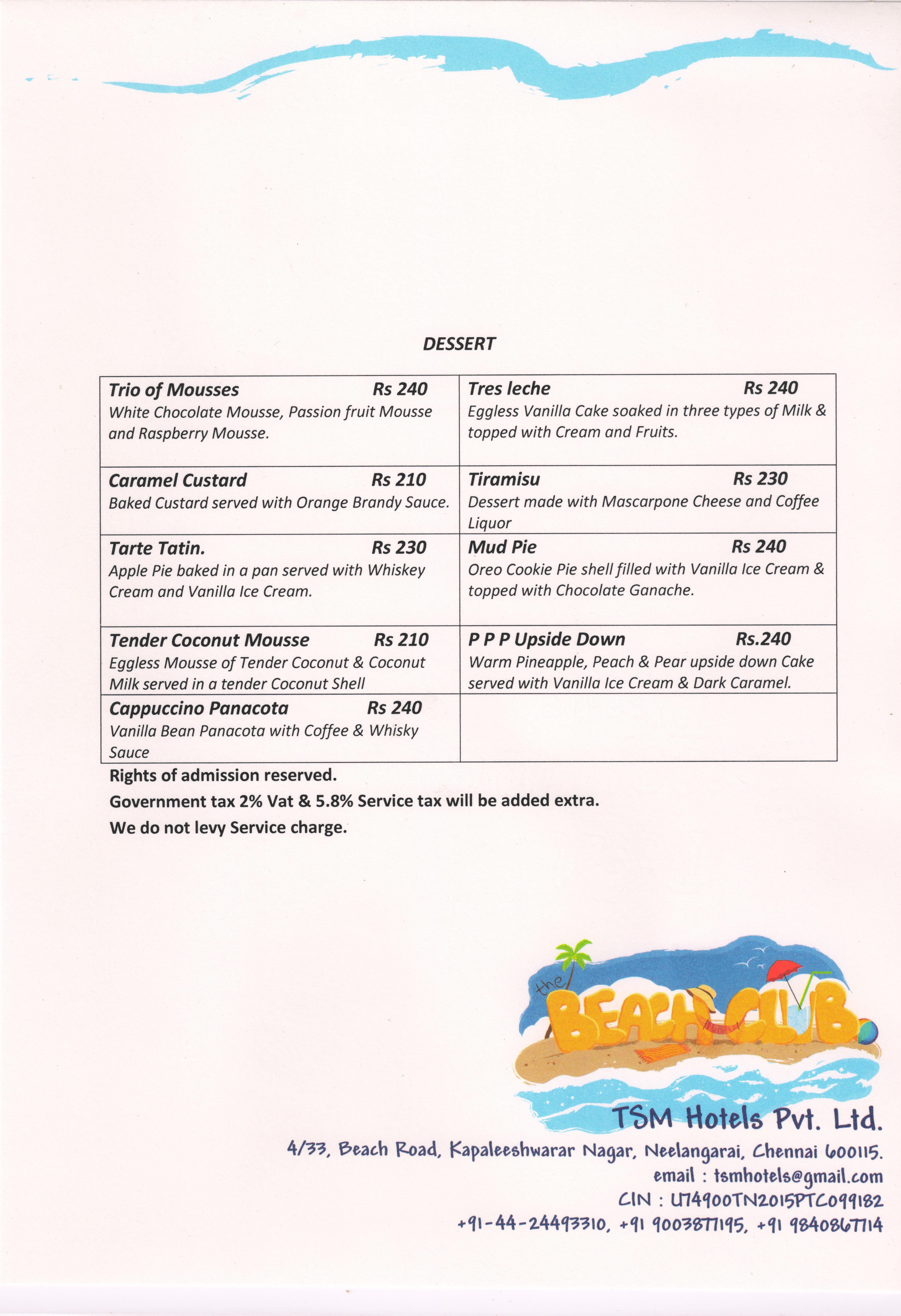 Menu at Beach Hotel, Chennai, X767+J68