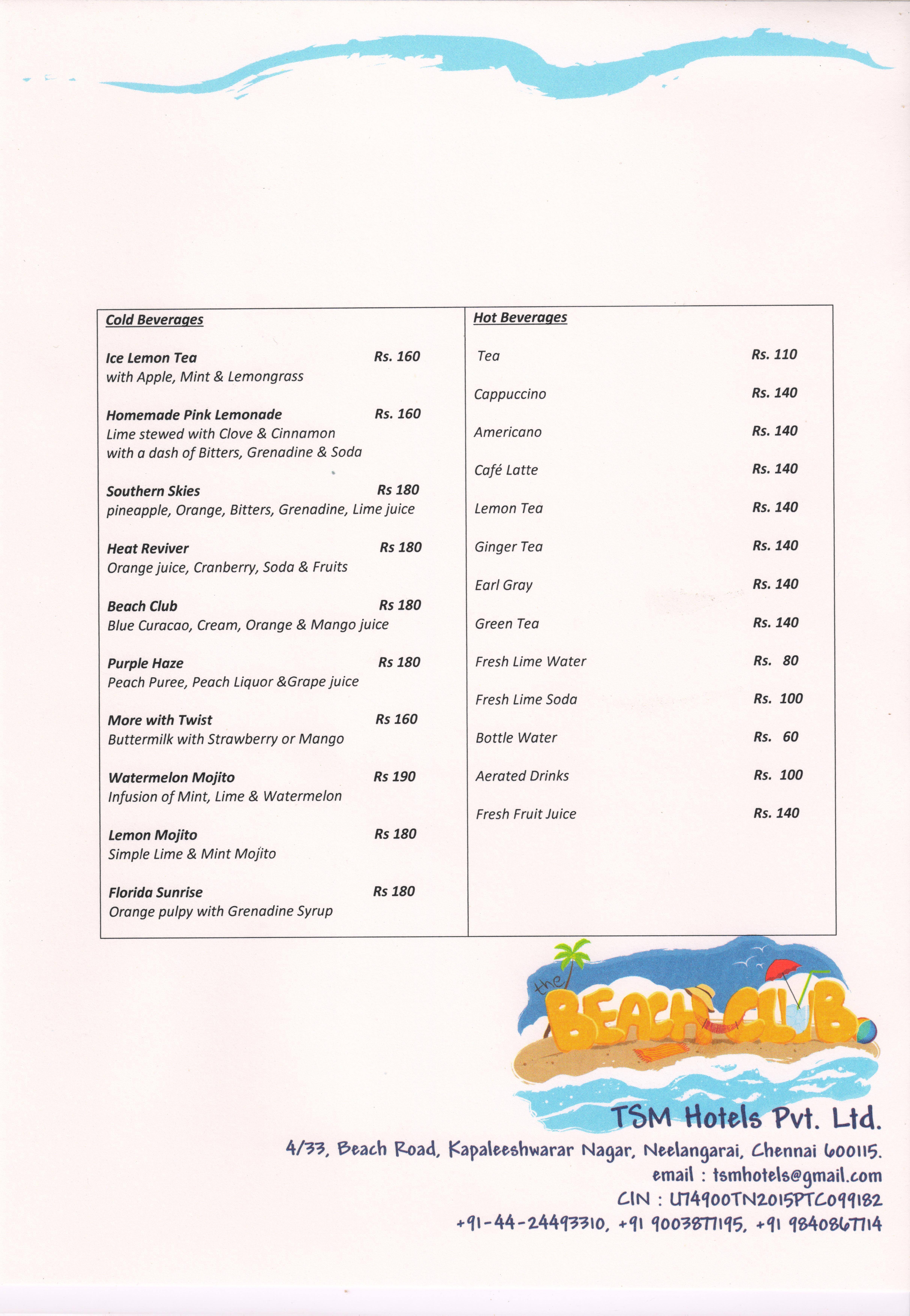 Menu at Beach Hotel, Chennai, X767+J68