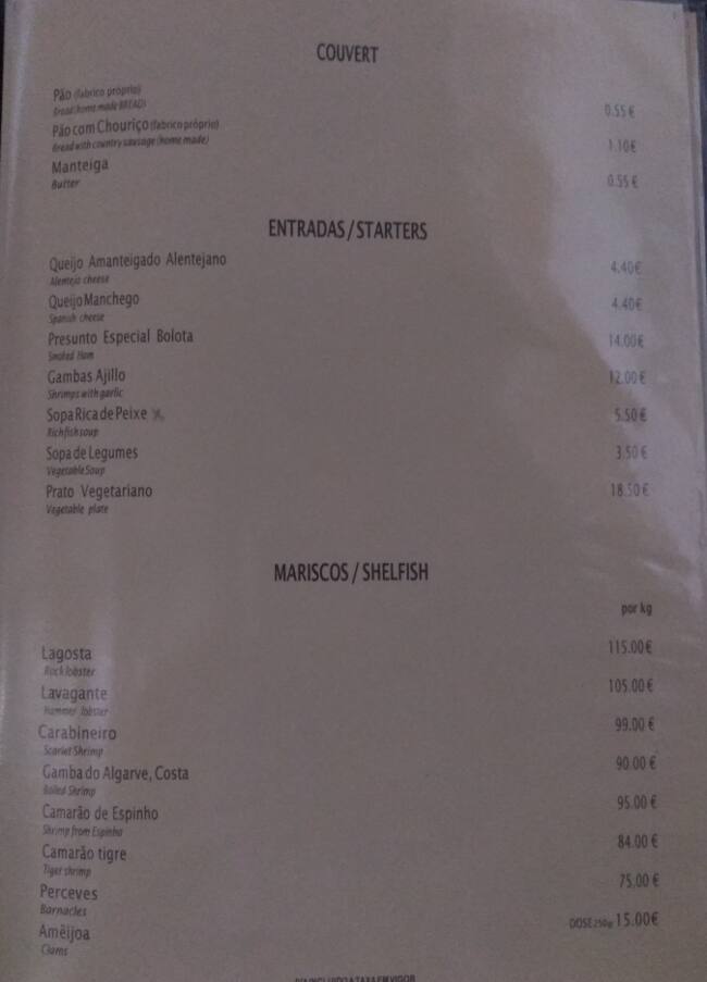 Menu at O Mercado do Peixe restaurant, Lisbon, Estr. Pedro Teixeira 4