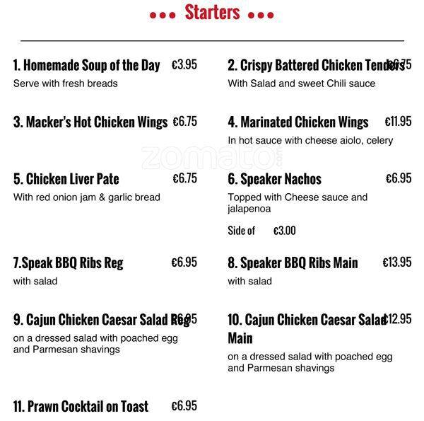 Menu at Speaker Connolly pub & bar, Dublin