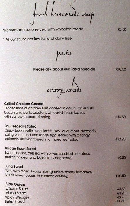 Menu at Cafe Boulevard, Dublin