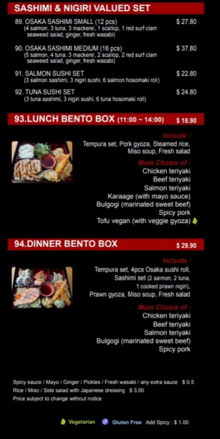 Menu at Osaka Japanese Dining Bar, Ashgrove