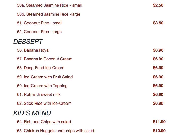 Menu at Thai Inlay restaurant, Cleveland