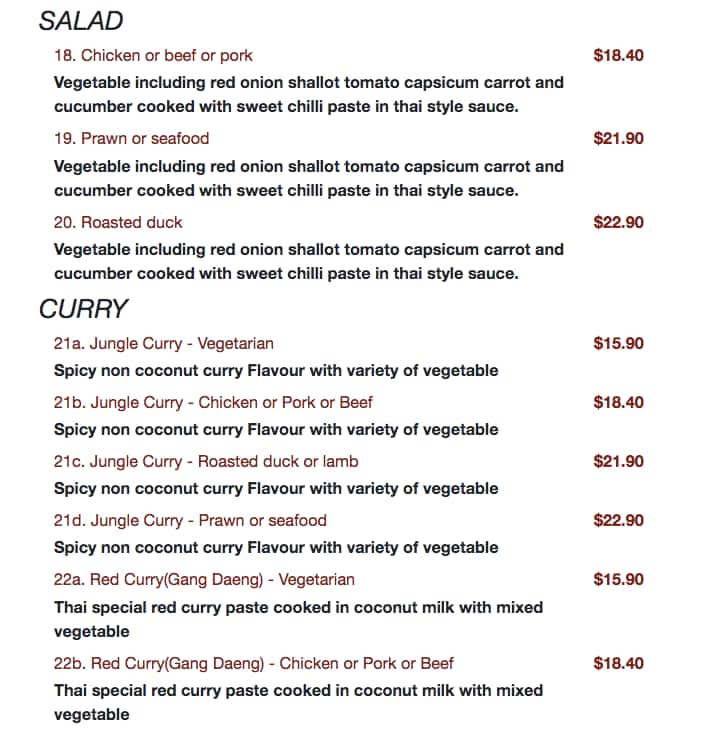 Menu at Thai Inlay restaurant, Cleveland