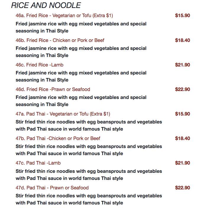 Menu at Thai Inlay restaurant, Cleveland