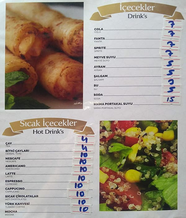 Menu at Sefa Nargile Cafe, Istanbul