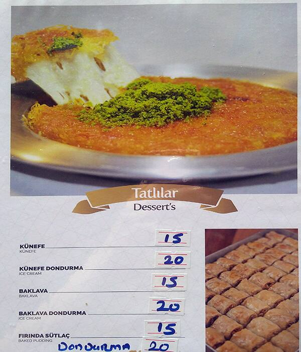 Menu at Sefa Nargile Cafe, Istanbul