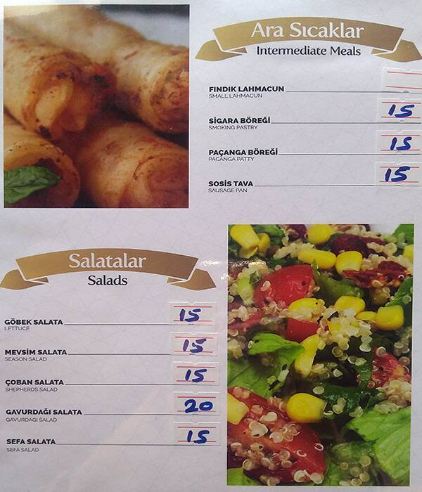 Menu at Sefa Nargile Cafe, Istanbul
