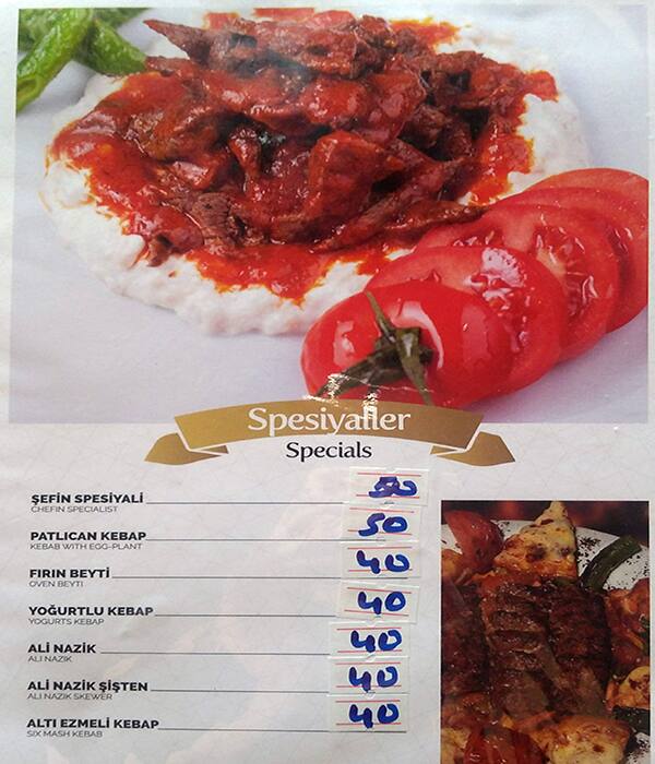 Menu at Sefa Nargile Cafe, Istanbul