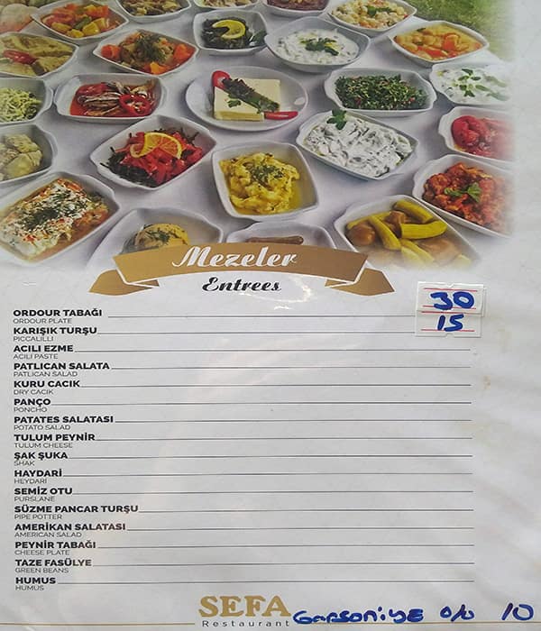Menu at Sefa Nargile Cafe, Istanbul