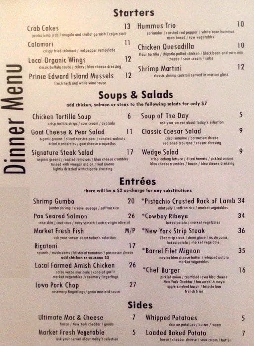 Menu at Dempsey's Grill restaurant, Chicago