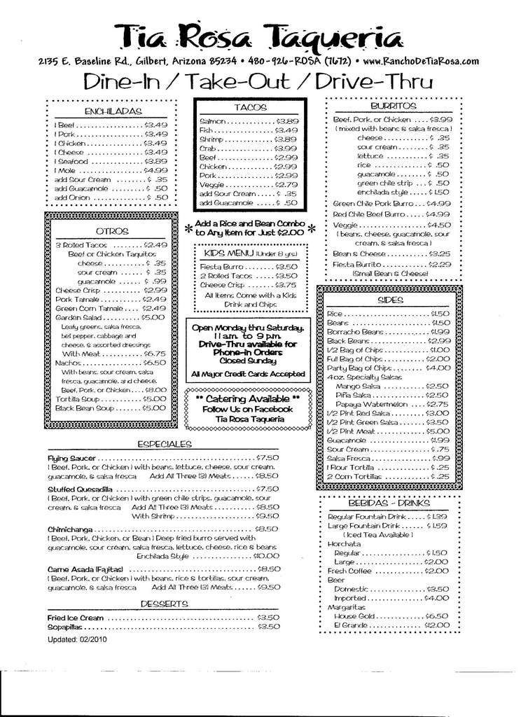 Tia Rosa Taqueria Menu, Menu for Tia Rosa Taqueria, Mesa, Mesa ...