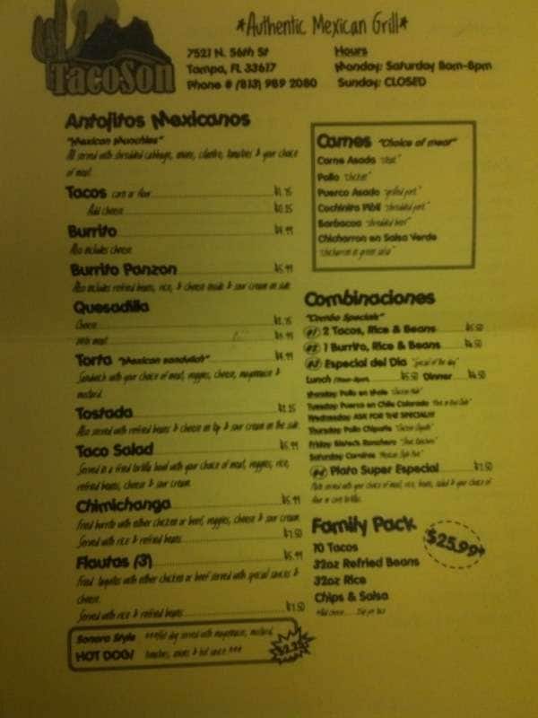 TacoSon Menu, Menu for TacoSon, Northeast Tampa, Tampa Bay - Urbanspoon ...