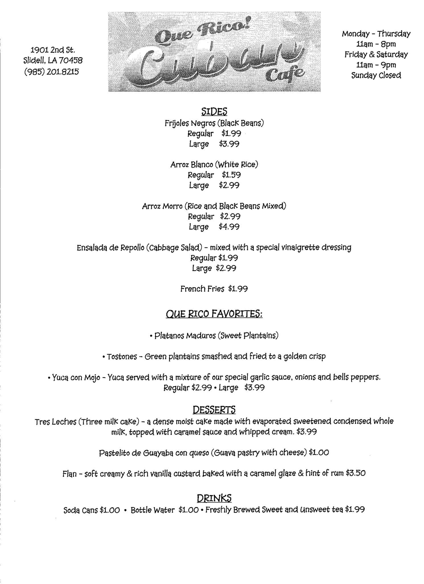 Menu at Que Rico! Cuban Cafe, Slidell, Magazine St