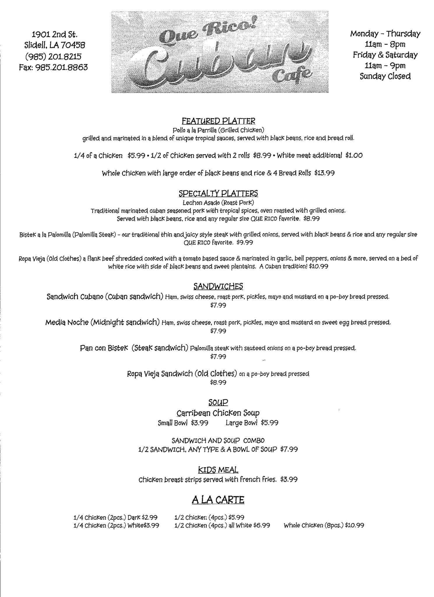 Menu at Que Rico! Cuban Cafe, Slidell, Magazine St