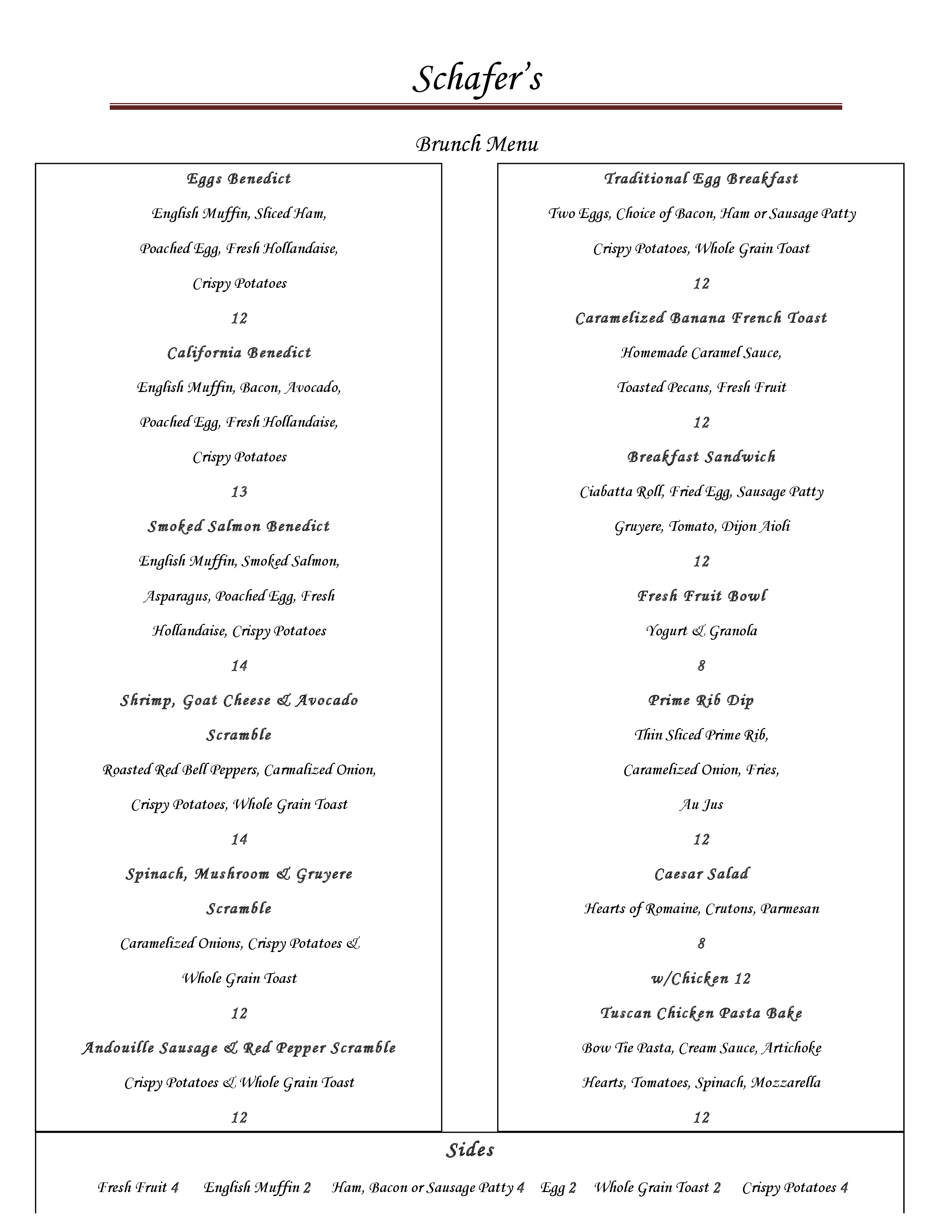 Menu at Schafer's Restaurant, Bigfork