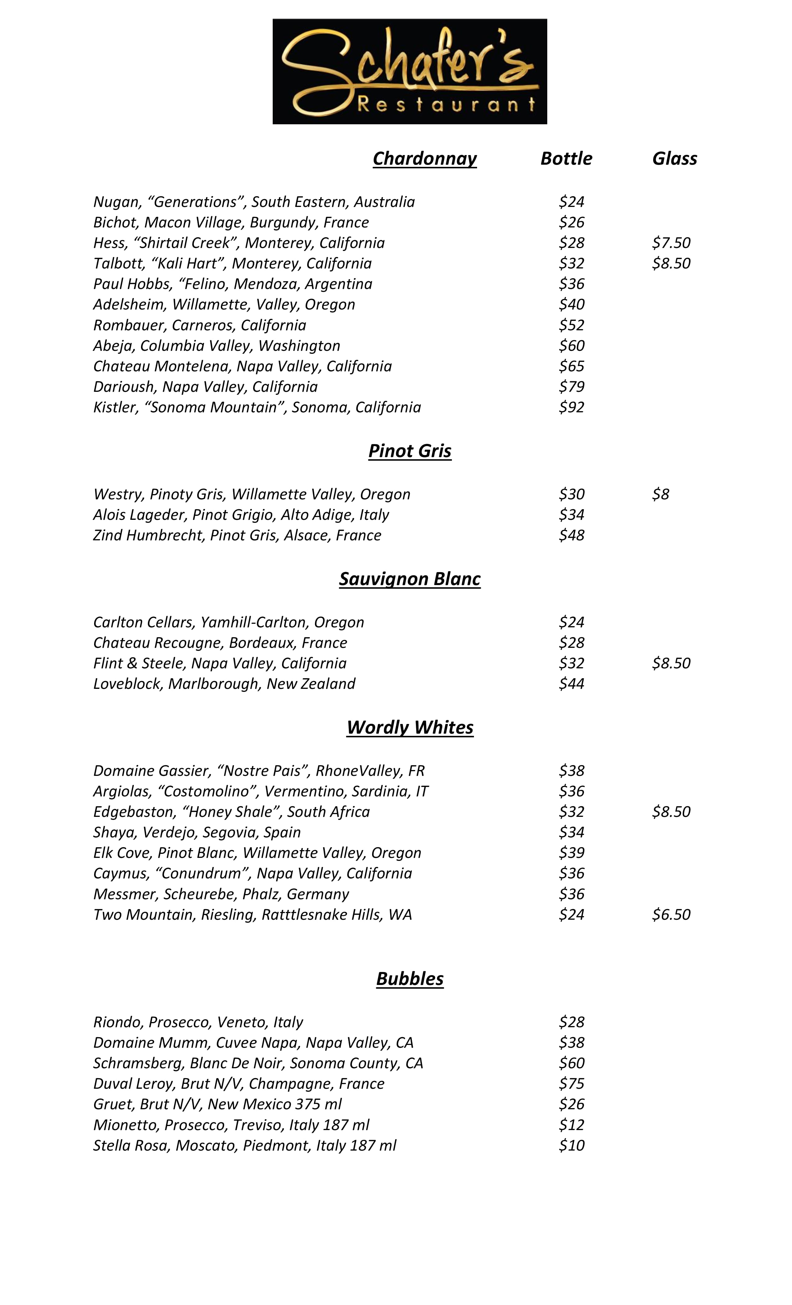 Menu at Schafer's Restaurant, Bigfork