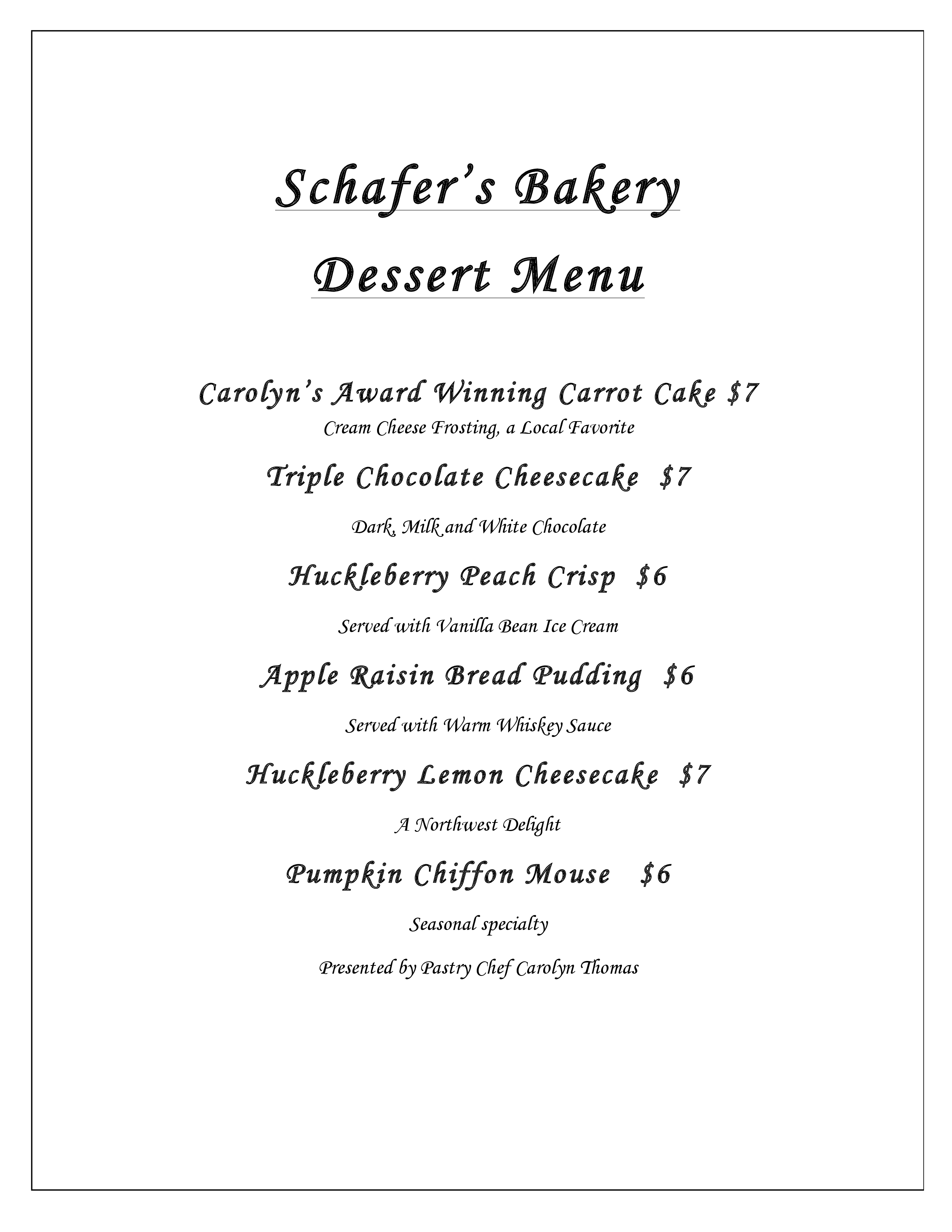 Menu at Schafer's Restaurant, Bigfork
