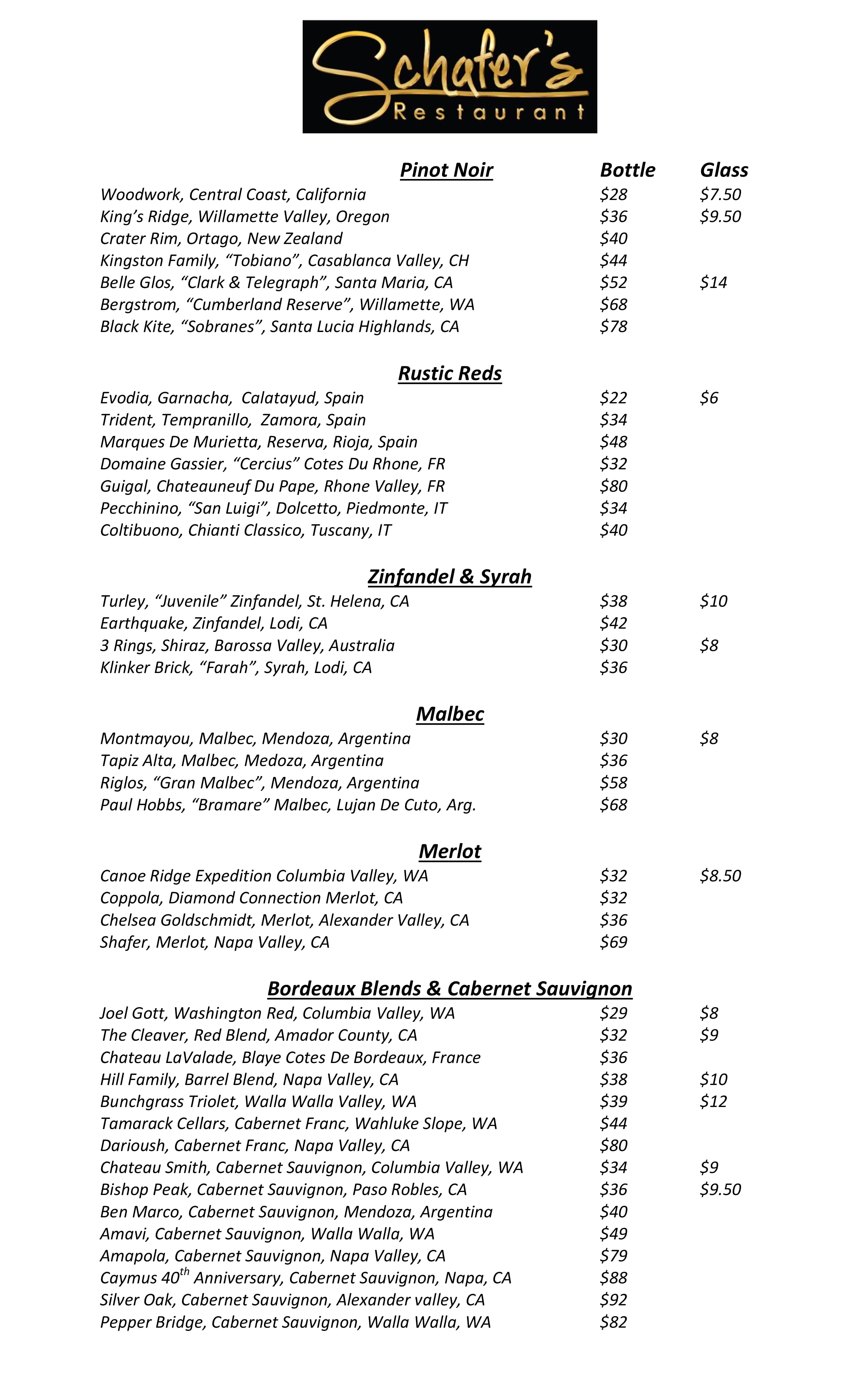 Menu at Schafer's Restaurant, Bigfork