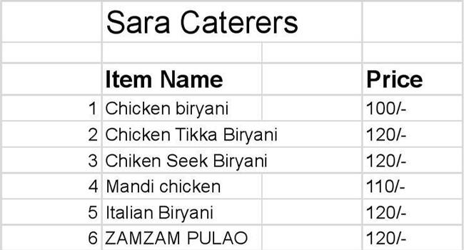 Menu of Sara Caterers, Jogeshwari, Mumbai