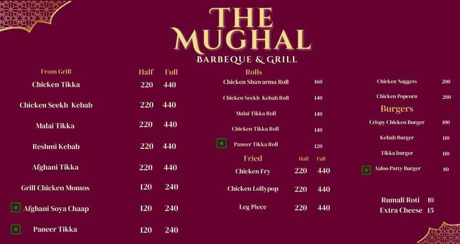 Menu of The Mughal, Jangpura, New Delhi