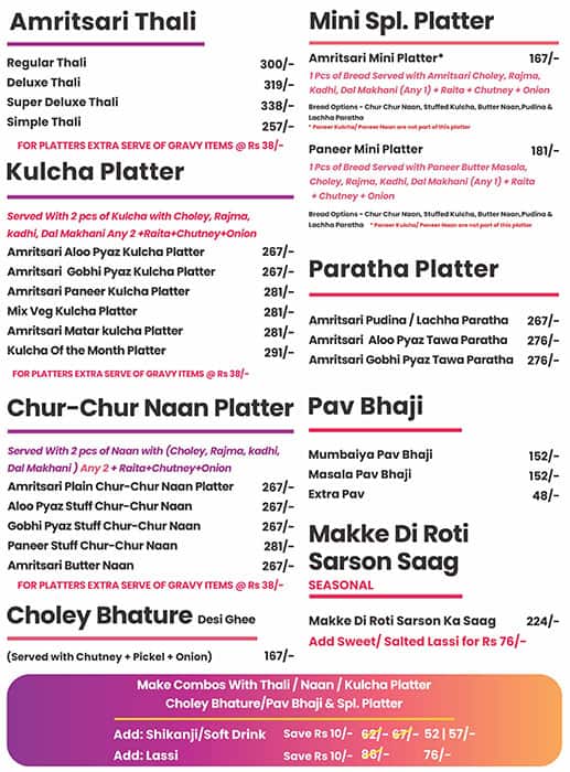 Menu of Amritsari Express, NIT, Faridabad