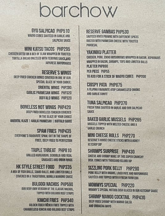 Menu at Reserve PH - BGC pub & bar, Taguig, 14°33'08. 121°02'40.