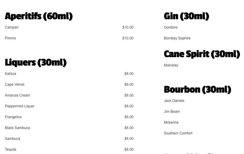 Menu at Serengeti Restaurant, Auckland