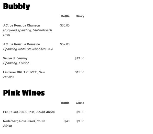 Menu at Serengeti Restaurant, Auckland