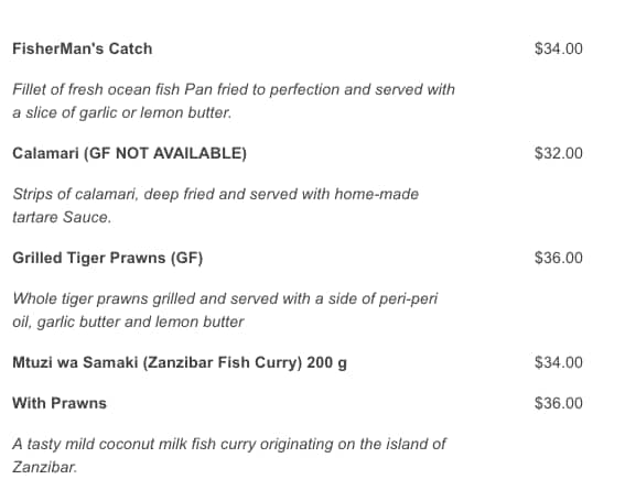Menu at Serengeti Restaurant, Auckland