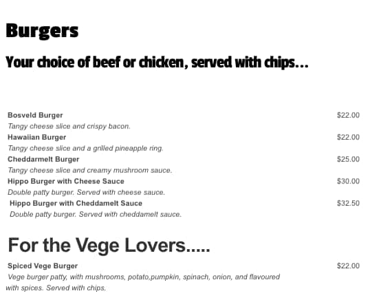 Menu at Serengeti Restaurant, Auckland