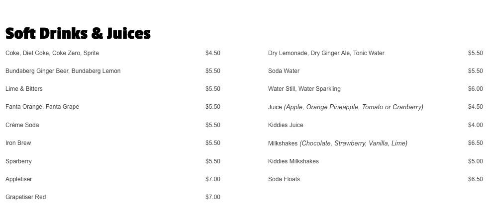 Menu at Serengeti Restaurant, Auckland