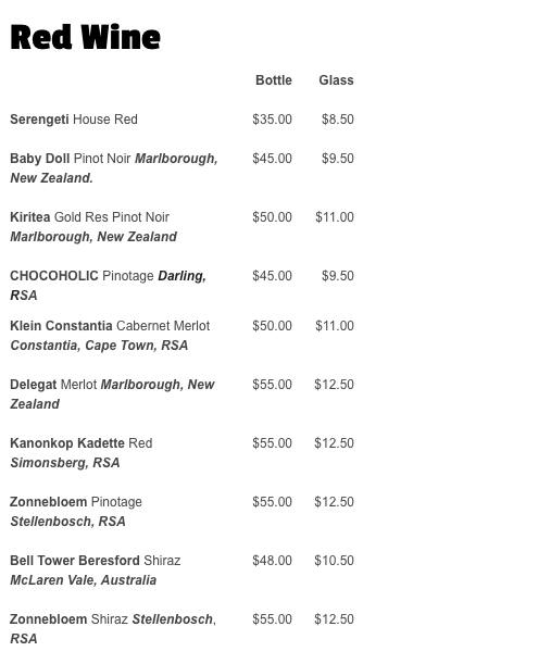 Menu at Serengeti Restaurant, Auckland