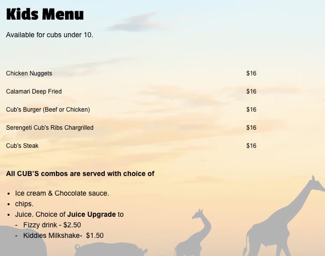 Menu at Serengeti Restaurant, Auckland