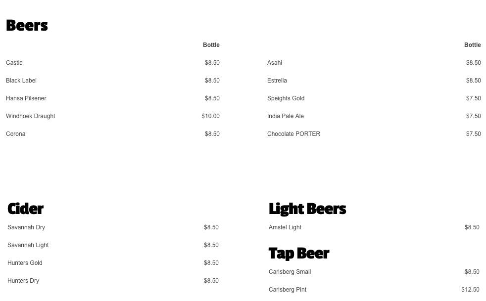 Menu at Serengeti Restaurant, Auckland