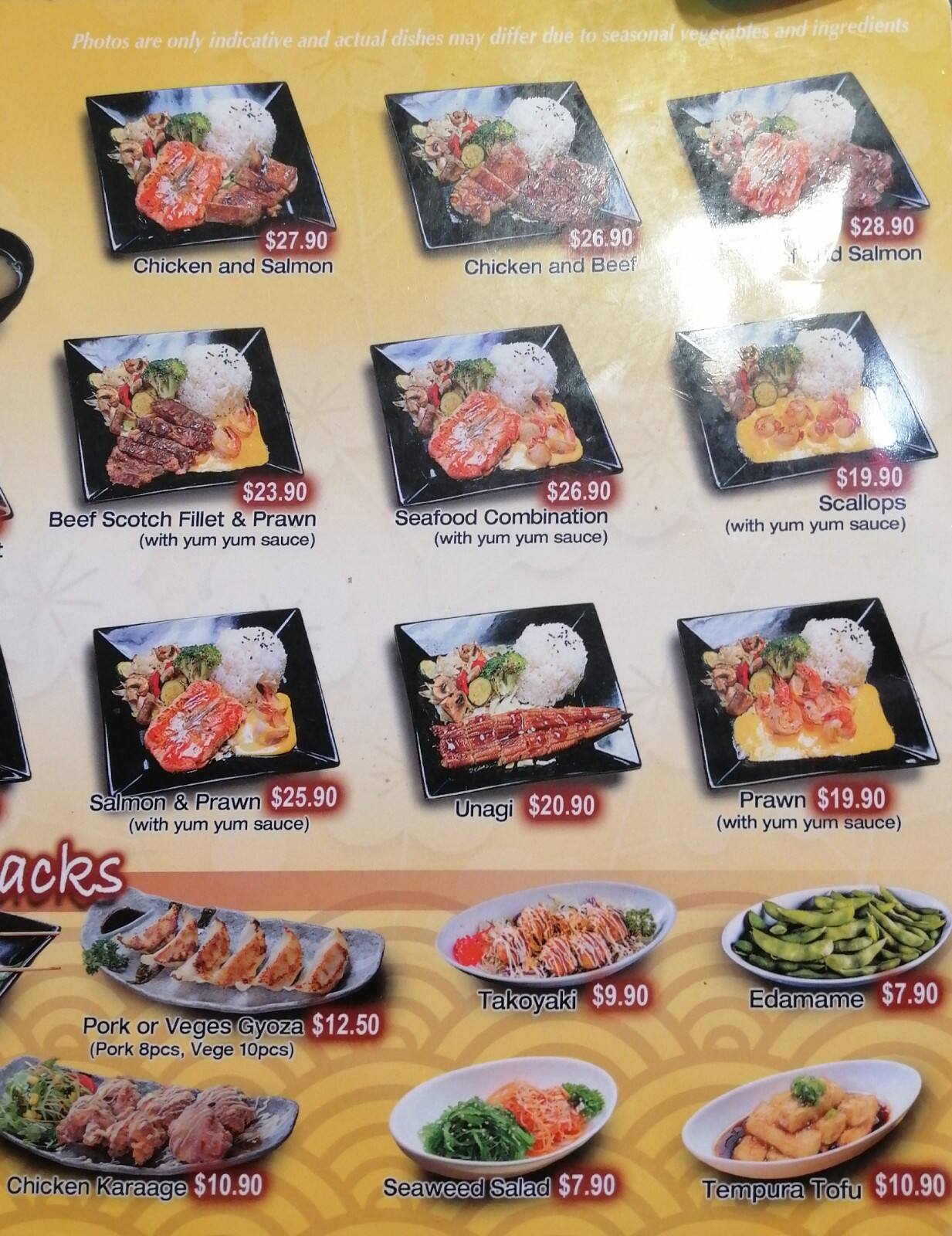 Menu at Kyoto restaurant, Lower Hutt