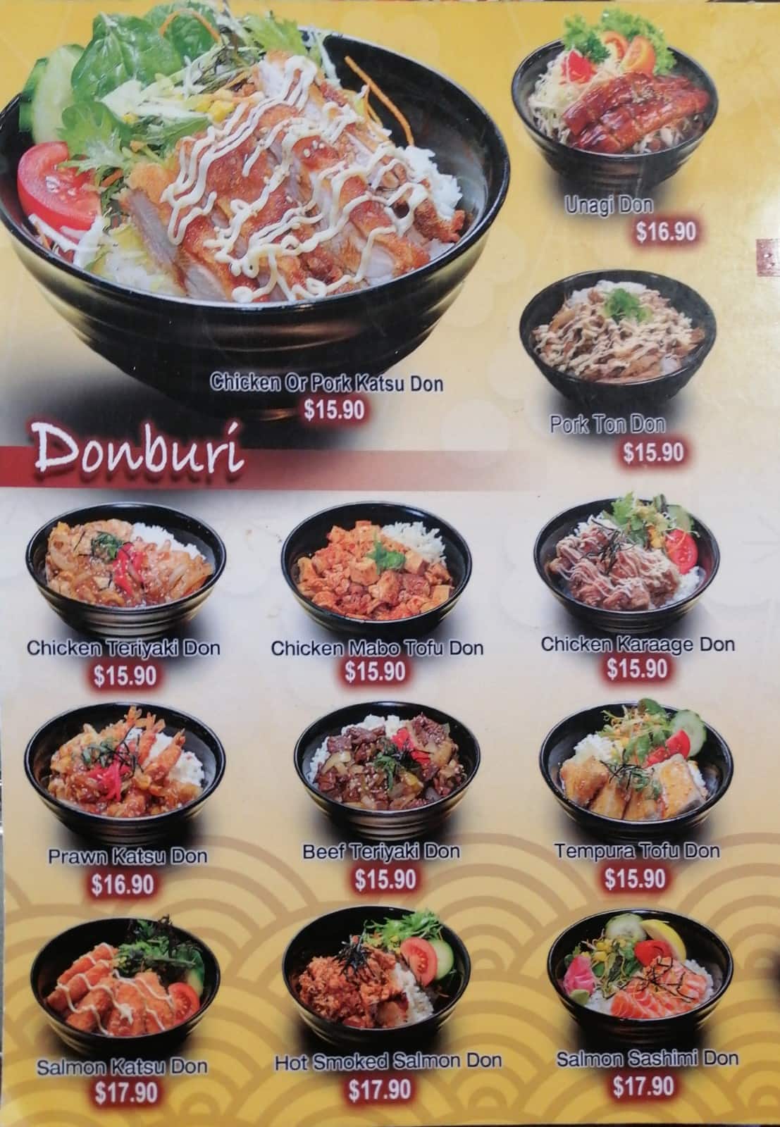 Menu at Kyoto restaurant, Lower Hutt