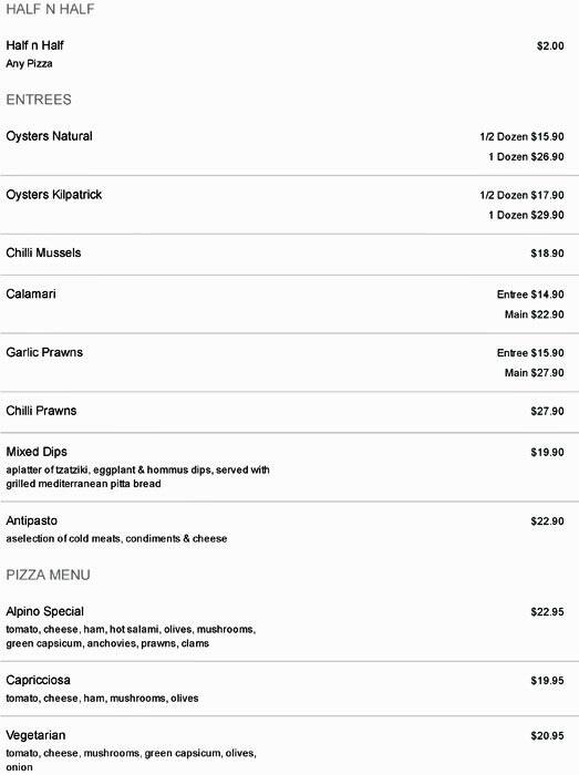 Menu at Alpino Restaurant, Melbourne