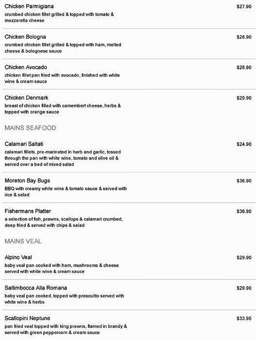 Menu at Alpino Restaurant, Melbourne